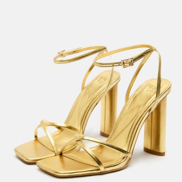 Zara | Shoes | Zara Gold Strappy Metallic Heeled Sandals | Poshmark